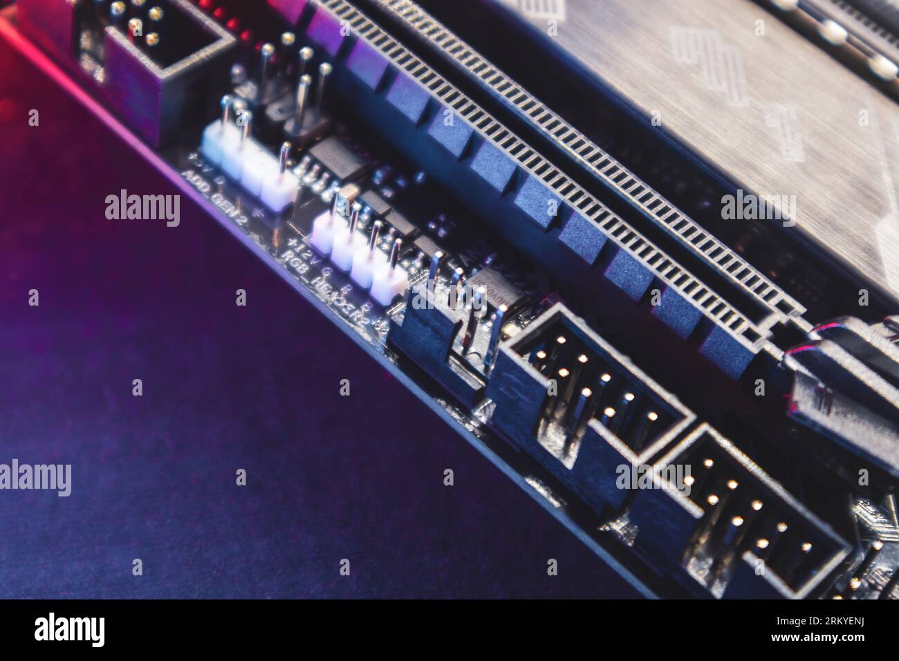 Motherboard with sockets and connectors close-up on powerful desktop PC ...