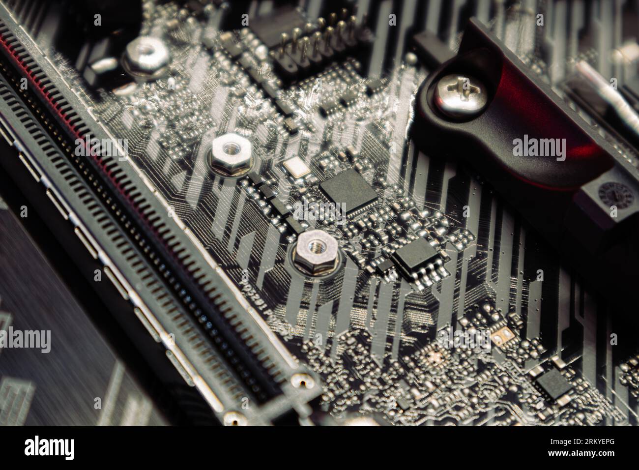 Motherboard sockets and microchips close-up on desktop PC. Computer ...