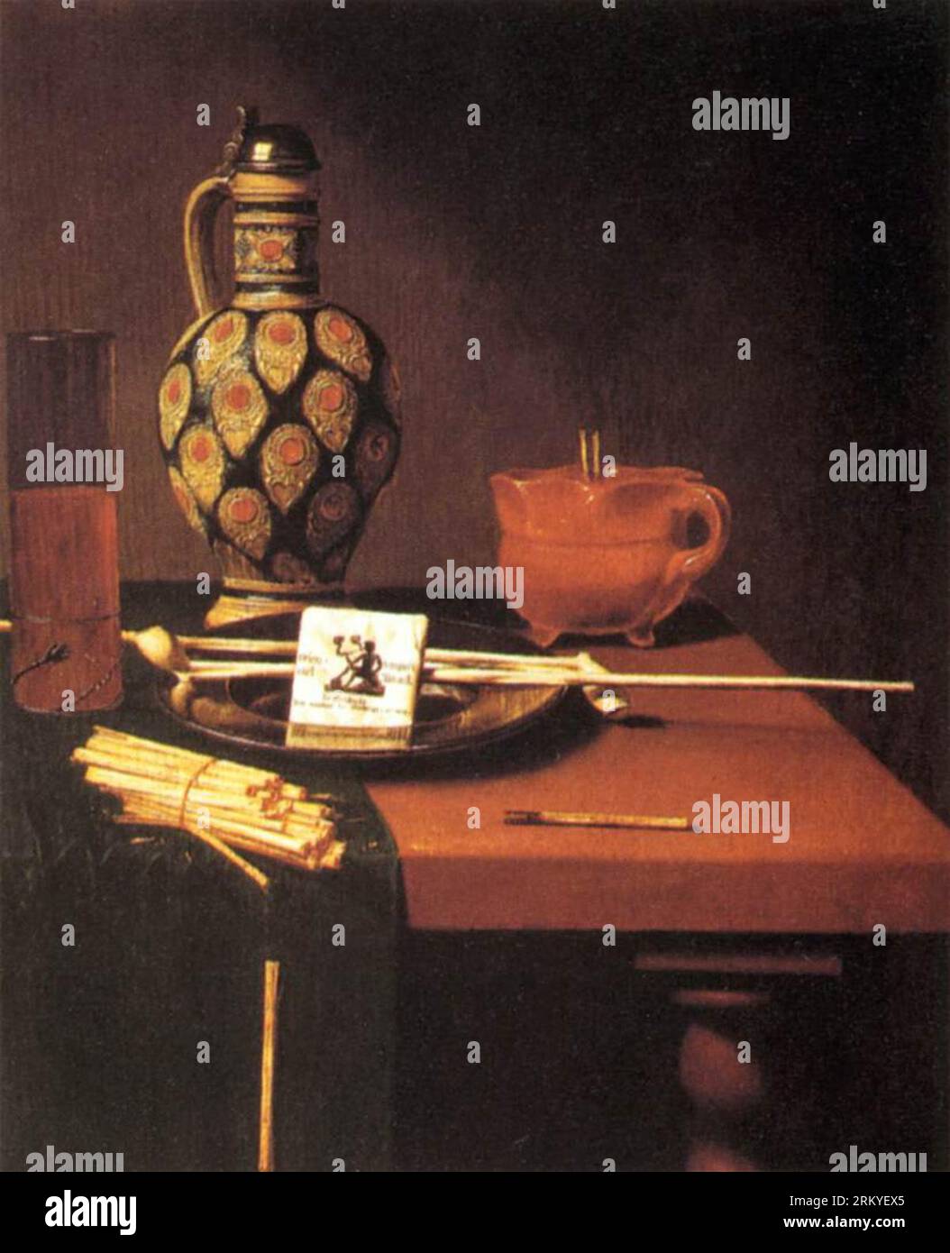 Still life with glass, flask, pipe and tobacco packet 1664 by Hubert ...