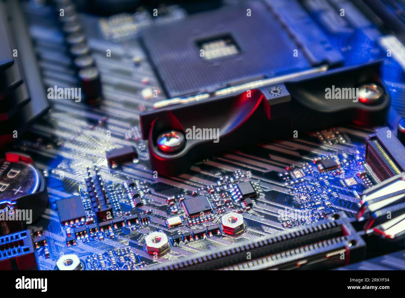 Motherboard of modern powerful PC with AM4 CPU Socket. Computer hardware chipset components ...