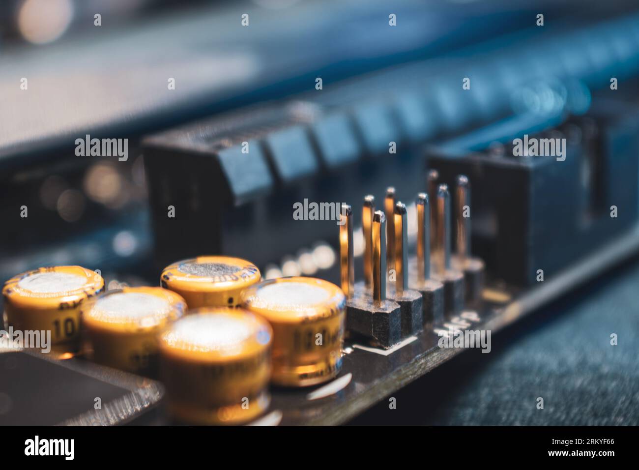 Socket pins and resistors on motherboard close-up of a desktop PC ...