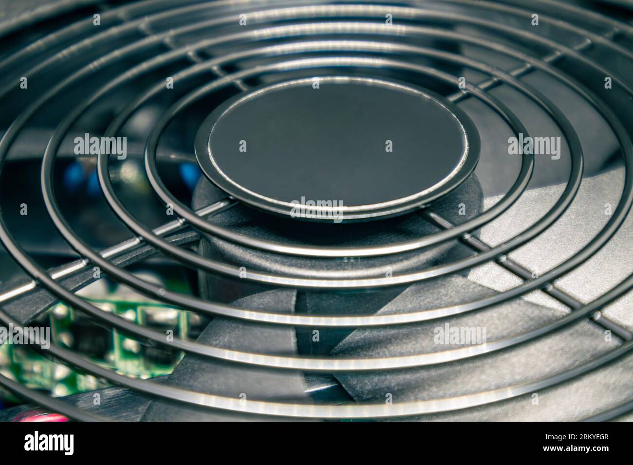 Desktop PC CPU unit cooling radiator close-up. Black cooler fan with ...