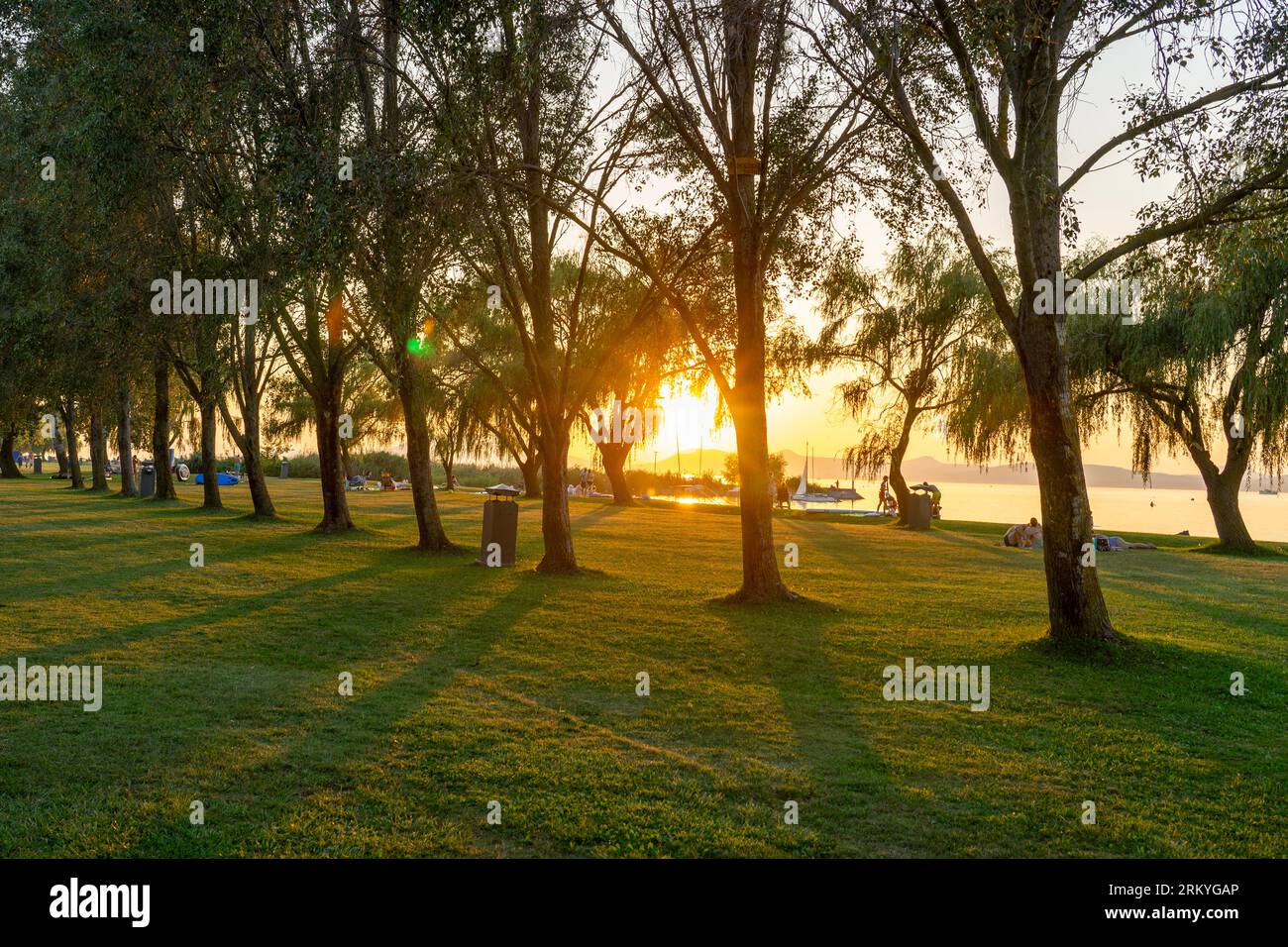 sunset at the beach next to Lake Balaton with trees and people Stock ...