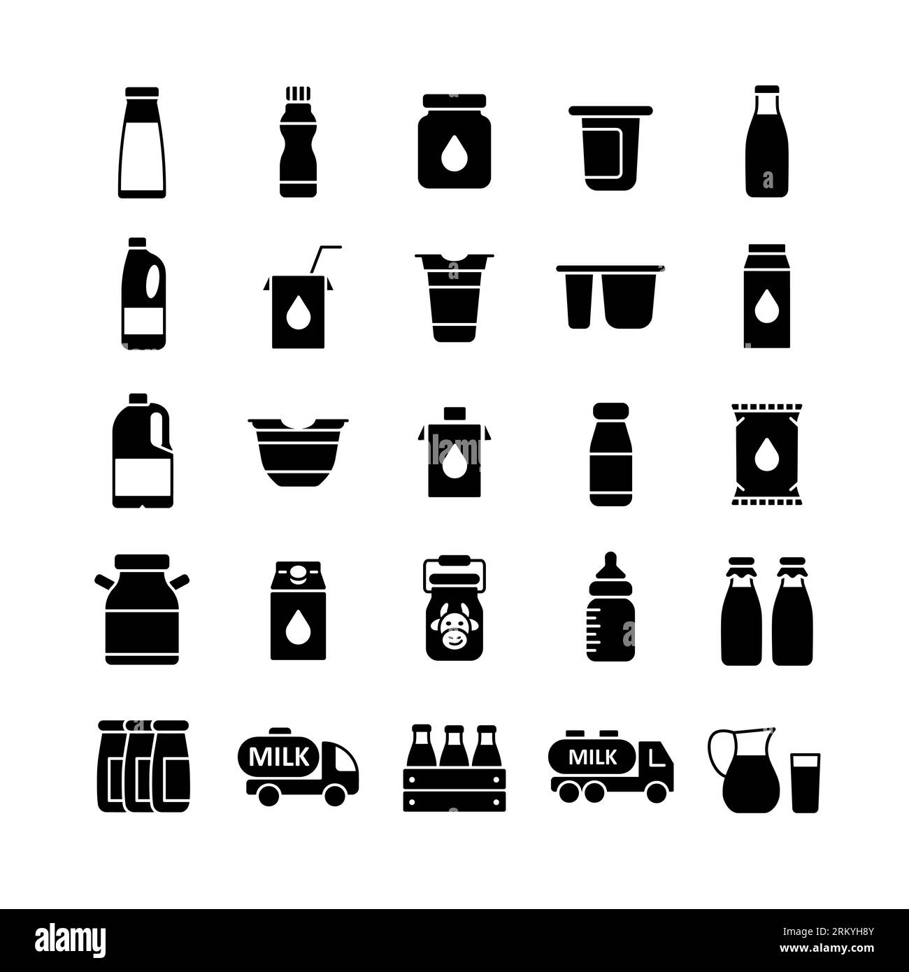 Milk cans and bottles vector glyph icon. Dairy products sign. Graph ...