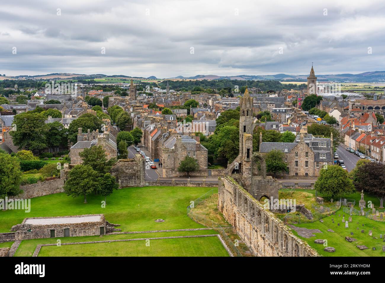 Aerial view of the medieval town of St Andrews with its ruined ...