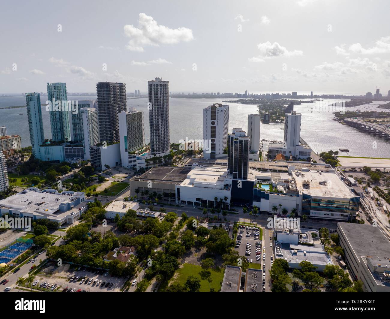 Miami, FL, USA - August 22, 2023: Aerial photo Hilton Miami with bay ...