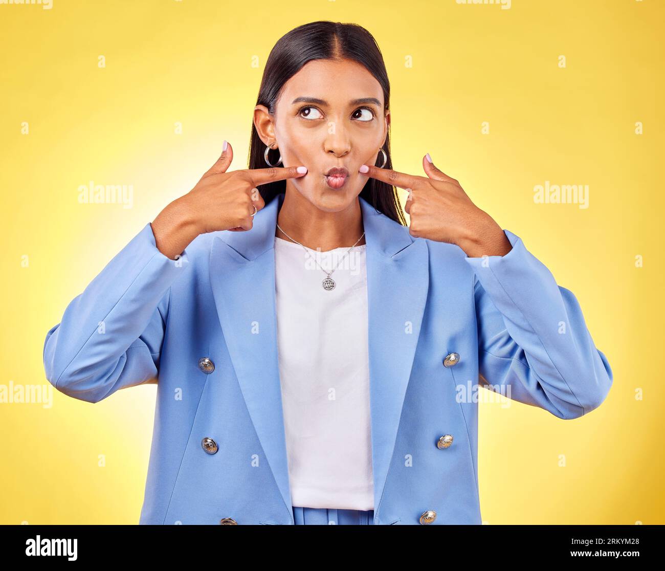 Face, fingers on cheek and a woman in studio for positive attitude ...