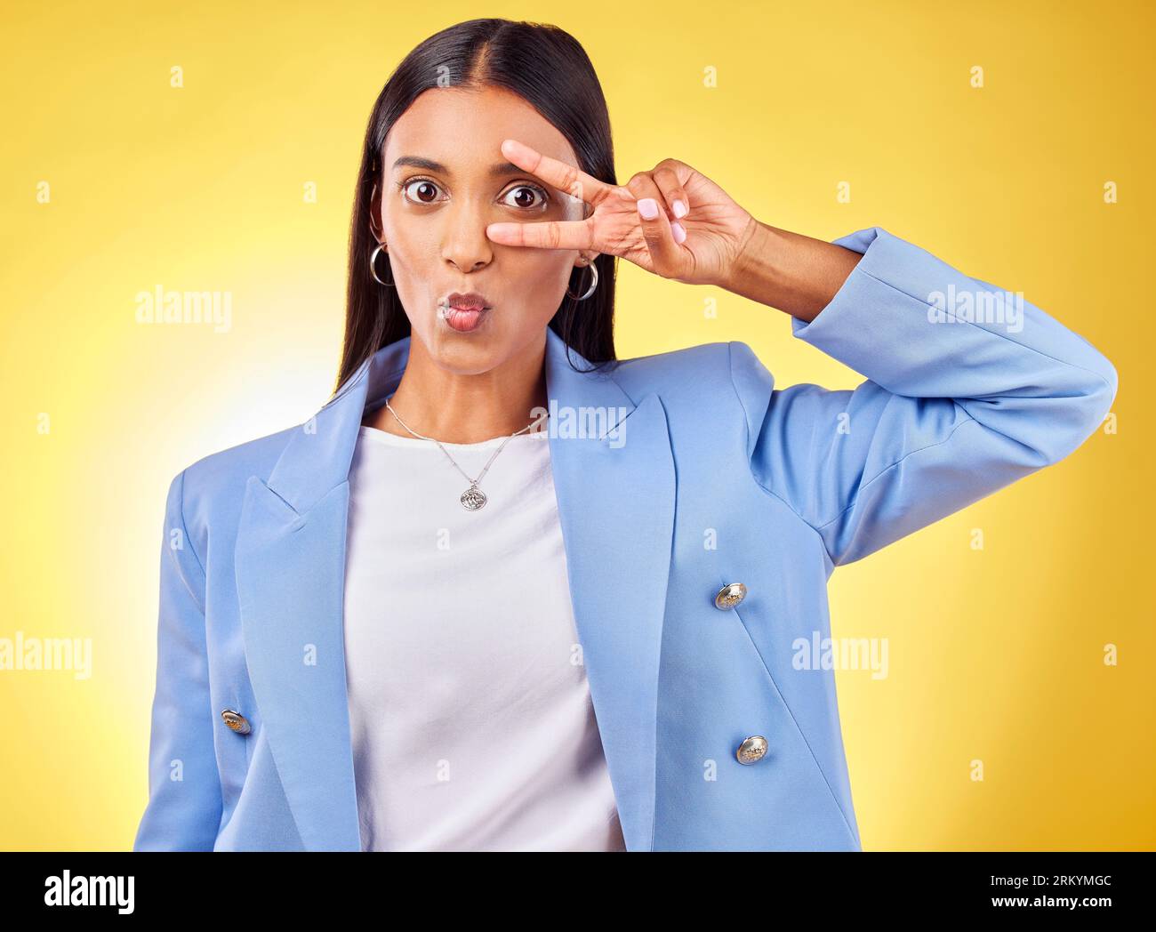 Business woman, peace sign and studio portrait with funny face, pouting ...