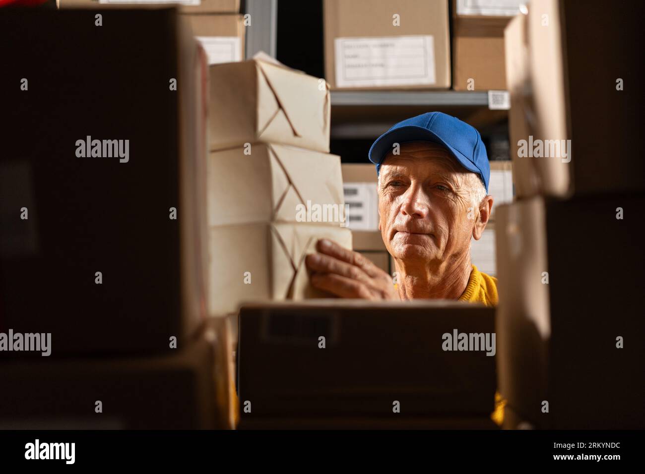 Old warehouse worker taking cardboard boxes and parcels on a shelf in ...