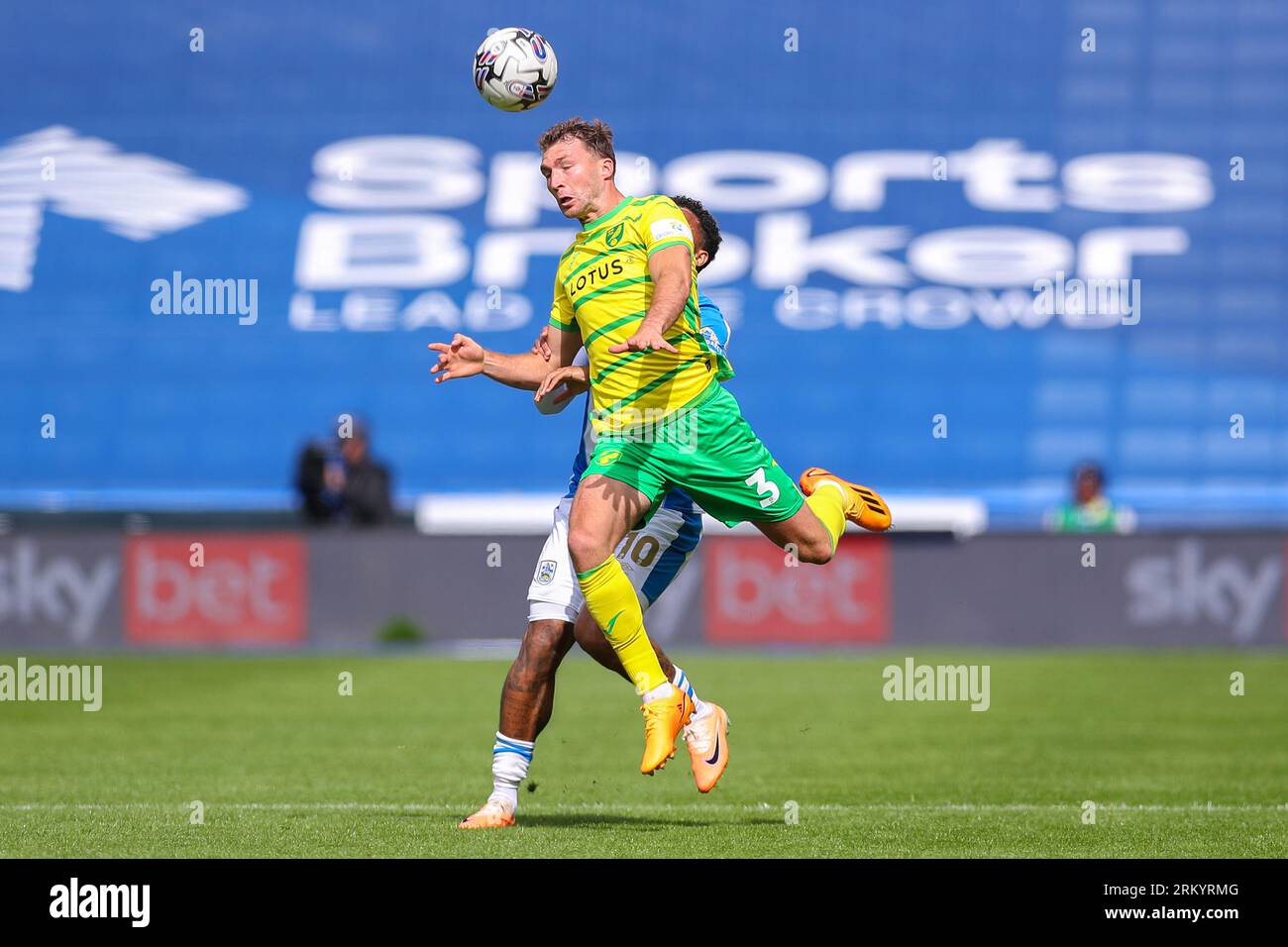 Huddersfield, UK. 26th Aug, 2023. Jack Stacey of Norwich City wins the ...