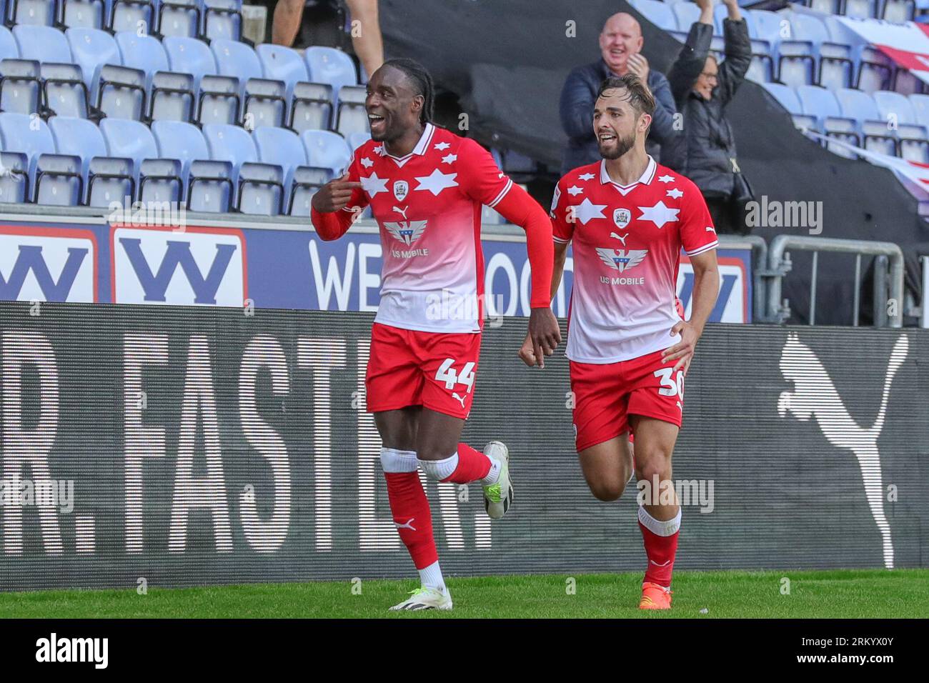 Devante Cole #44 of Barnsley celebrates his goal to make it 0-1 during ...