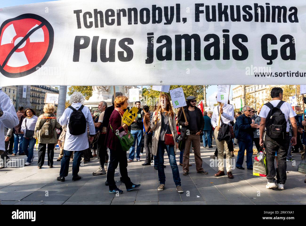 Paris, France, Large Crowd of People, Holding Large Protest Banners ...