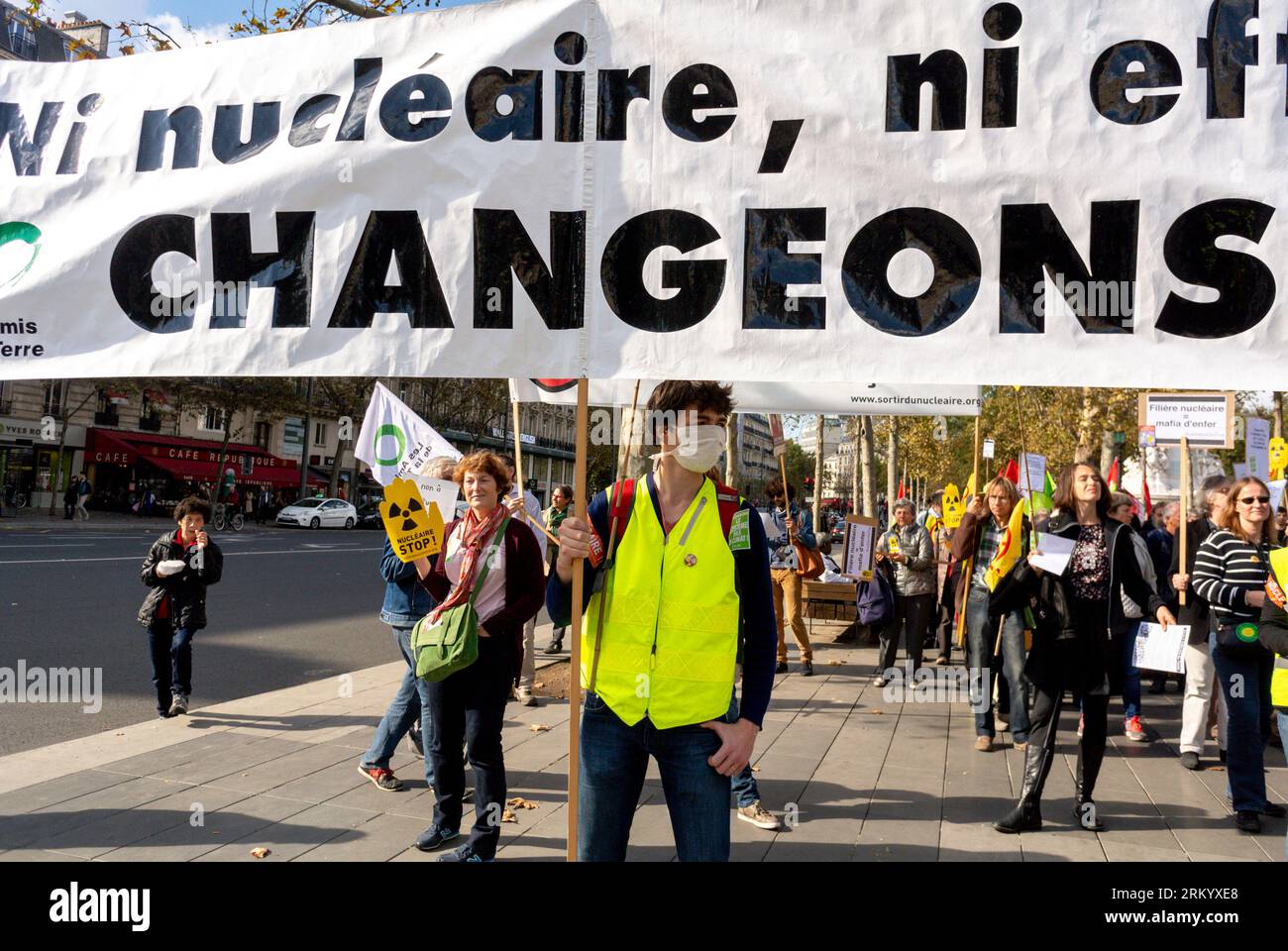 Paris, France, Large Crowd of People, Holding Large Protest Banners ...