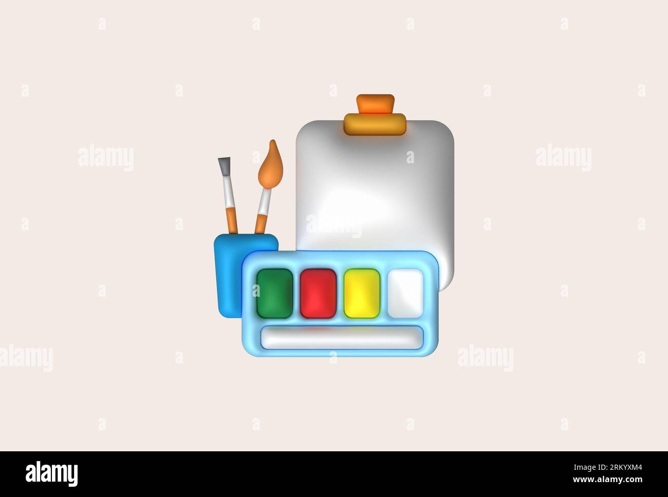 3D illustration coloring equipment Paint tray and brushes. minimal ...