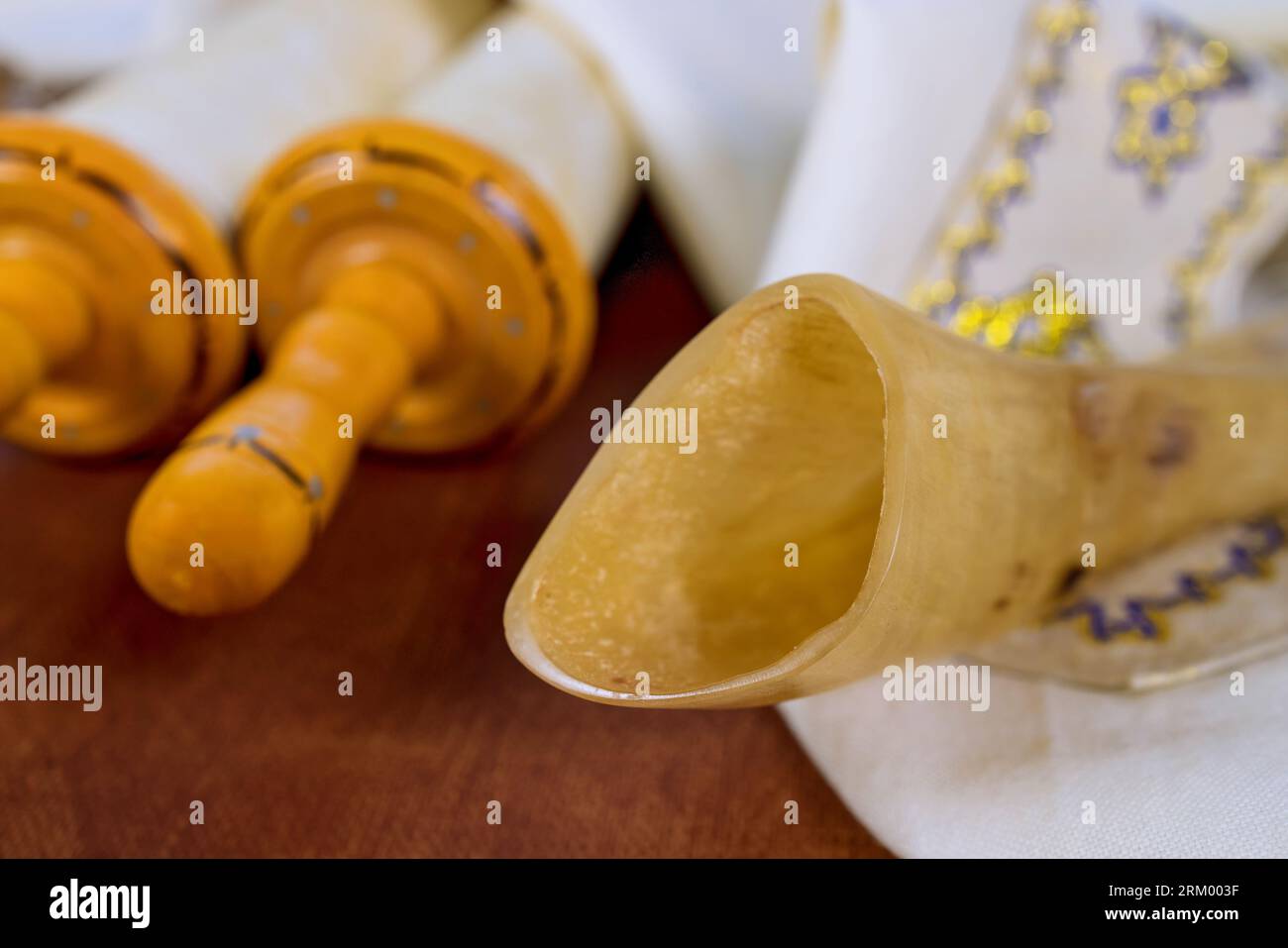 Jewish religious holyday symbols Torah parchment scroll in synagogue to ...