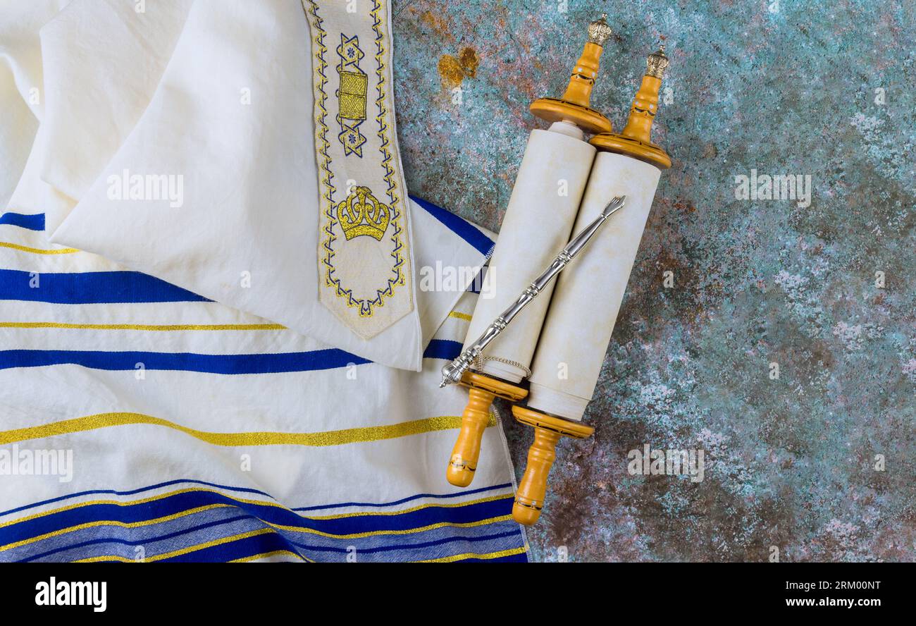 Synagogue with torah scroll, pray shawl tallit integral symbols in ...