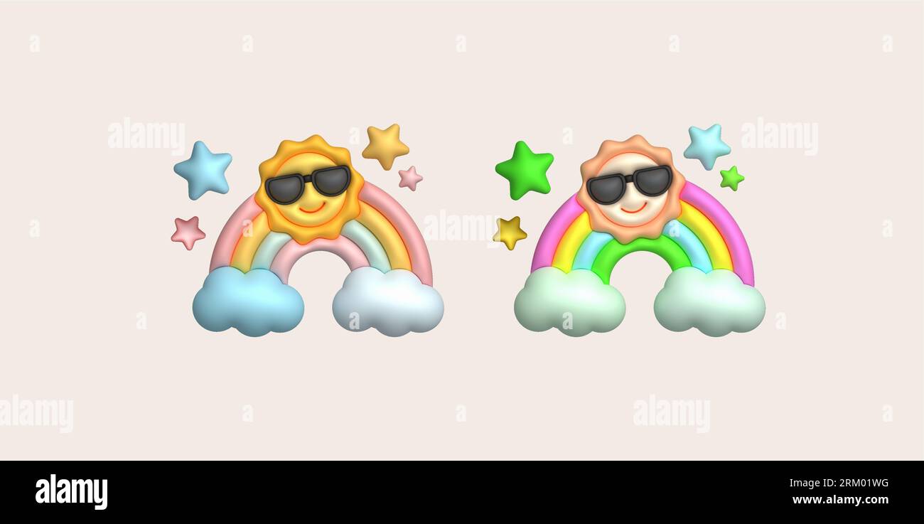 3D illustration colorful rainbow, clouds, sun in sunglasses and stars ...