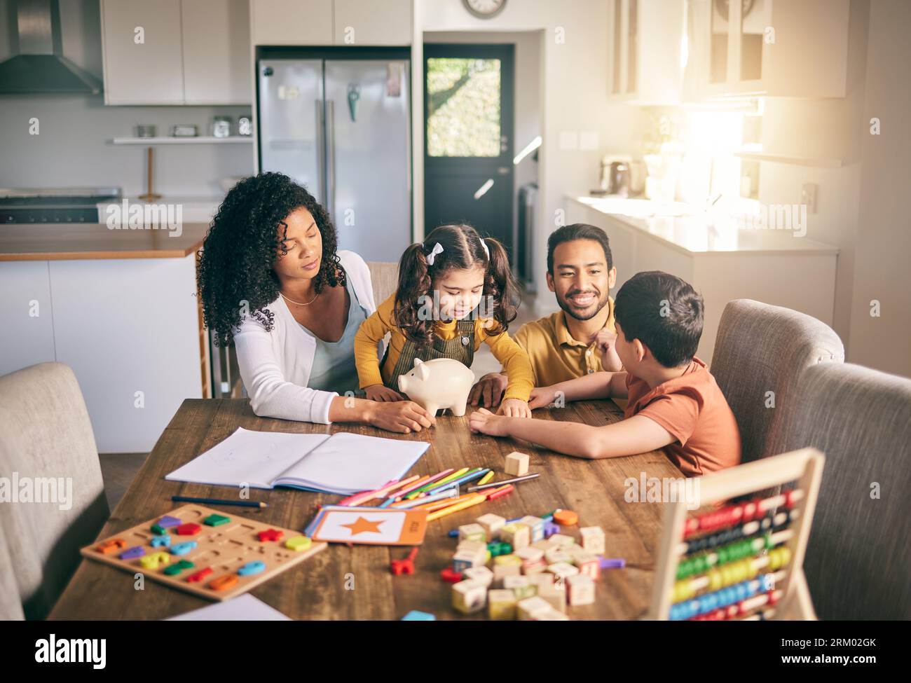 Homework, parents and children with education, talking and studying ...