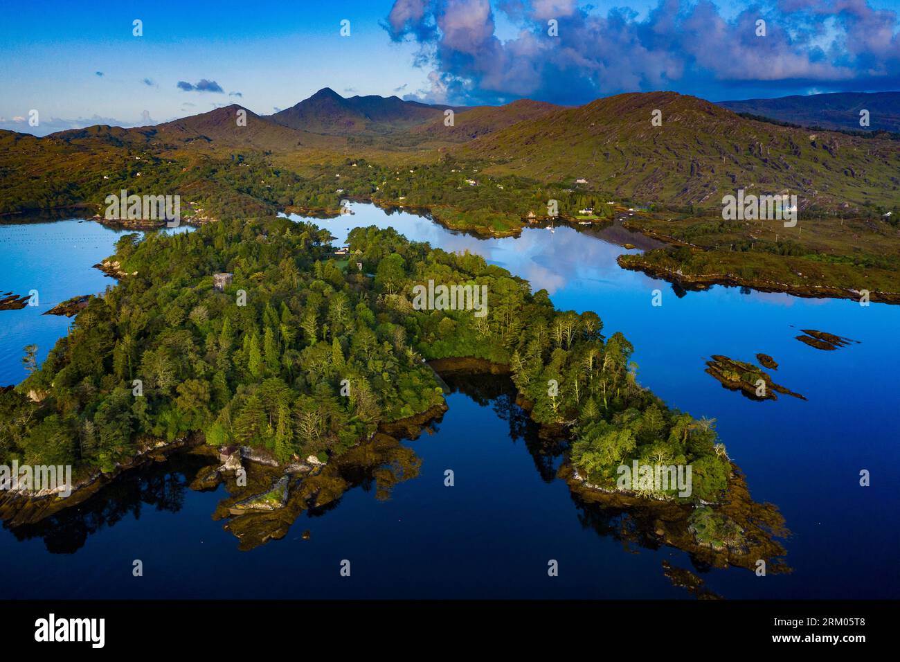 Aerial view of Bantry Bay and Garinish Island, Glengarriff, County Cork ...