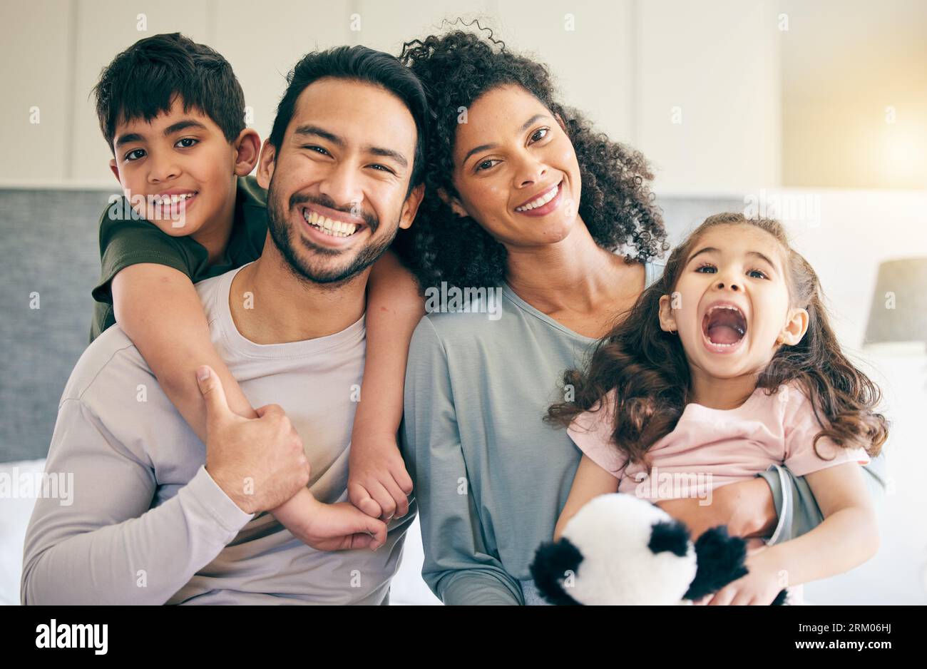 Portrait, happy and family in home bedroom, bonding and excited for ...