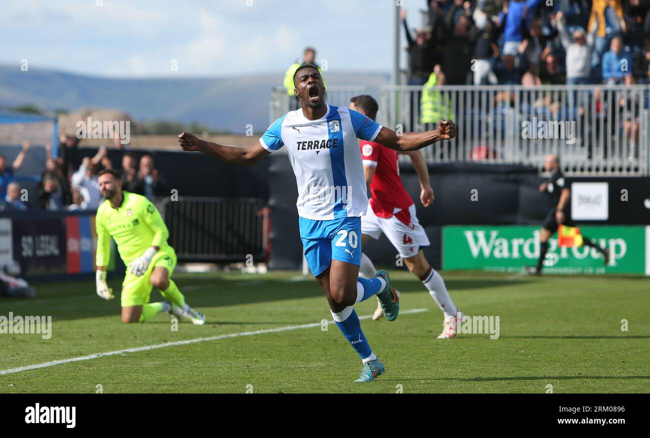 Barrow's Emile Acquah celebrates his goal during the Sky Bet League 2 ...