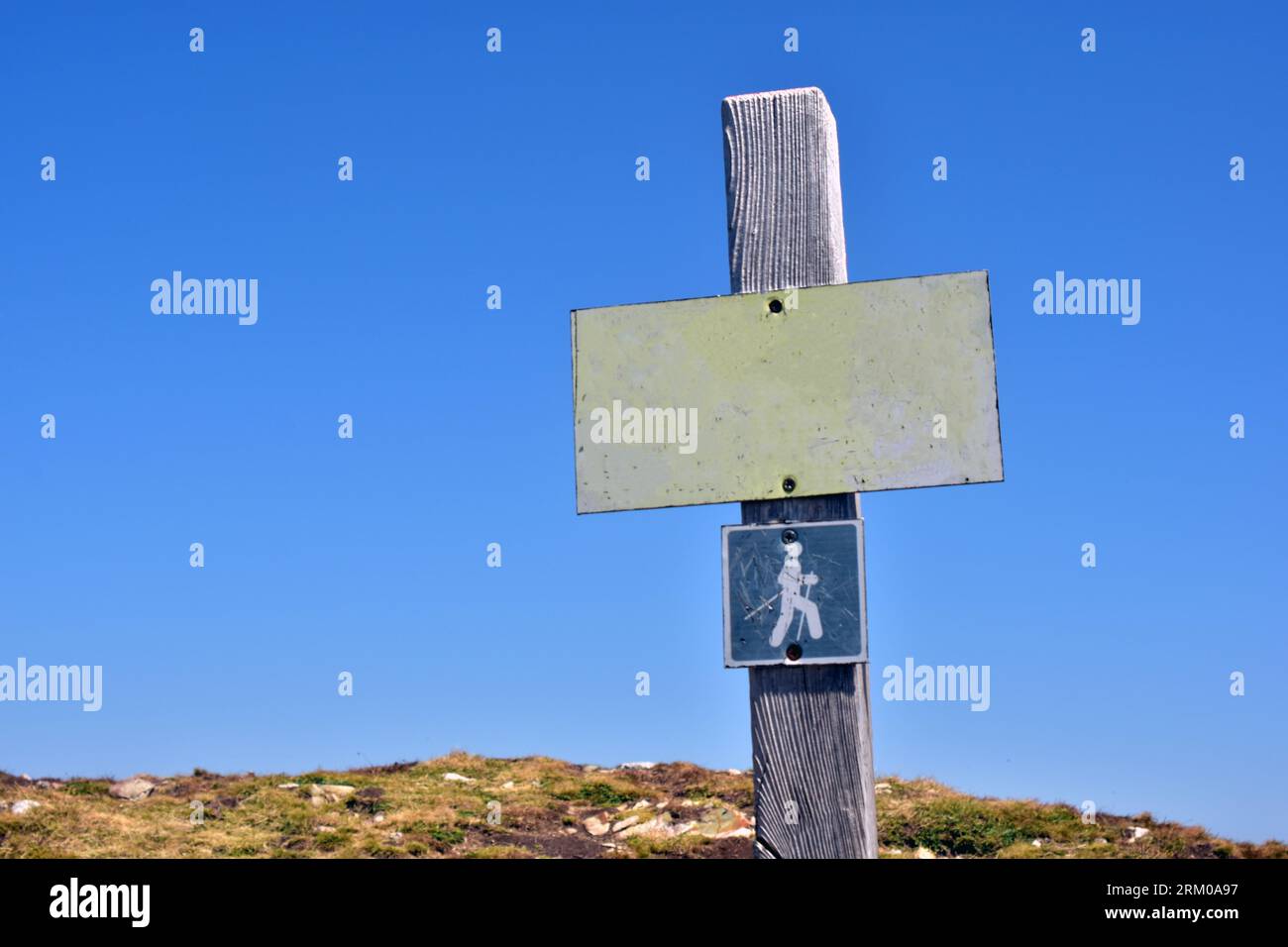 Hiking trail sign on top of the mountain with copy space for text Stock ...