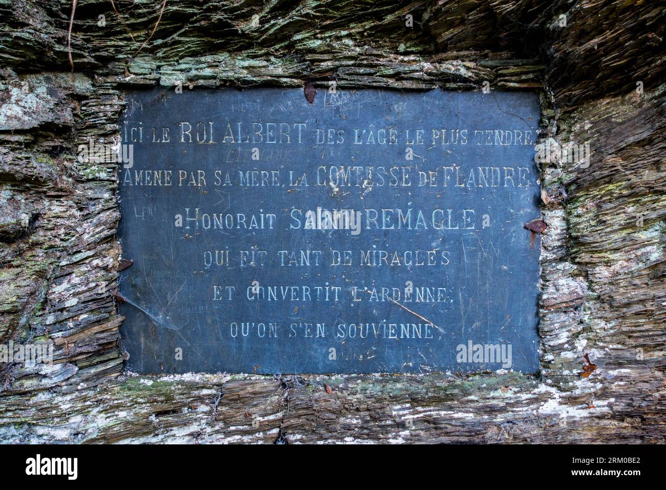 Plaque at Grotte Saint-Remacle, oratory in a small cavern with altar ...