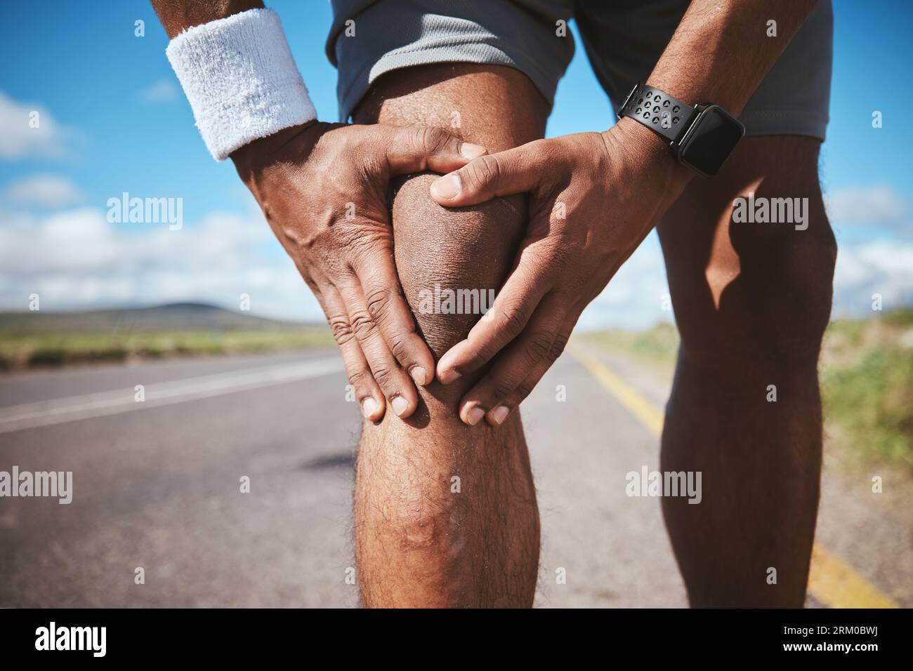 Knee pain, person hands and runner massage injury problem, broken bone ...