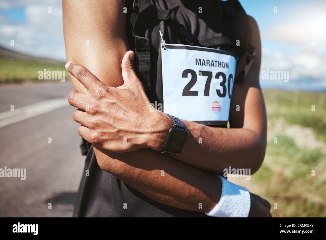 Arm injury, marathon runner and person massage bruise problem, muscle ...