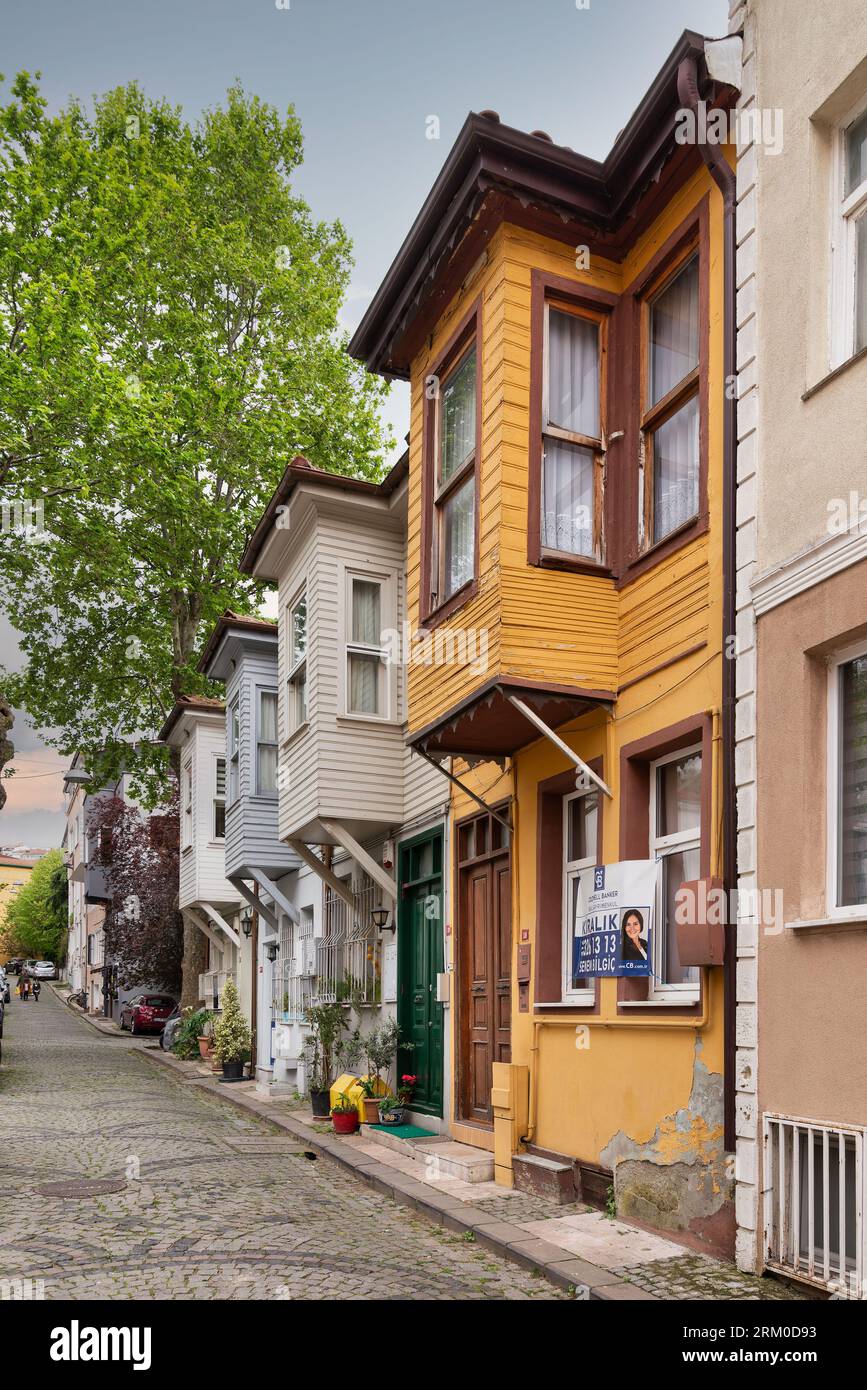 Istanbul, Turkey - May 9, 2023: Narrow cobblestone alley with colorful ...