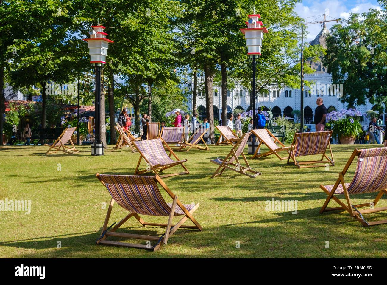 Copenhagen, Denmark - August 8, 2023: Fabric hammocks in the gardens of ...