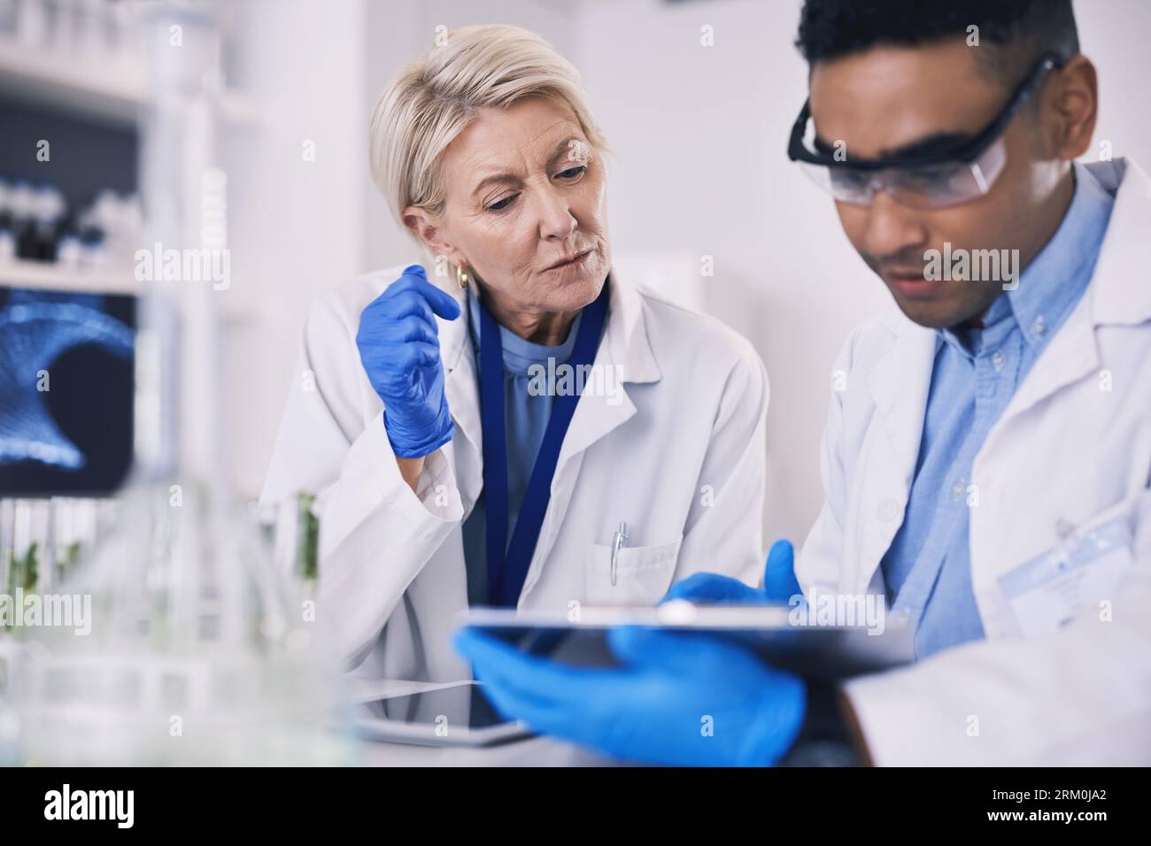 Science, man and woman with checklist, plants in laboratory and ...