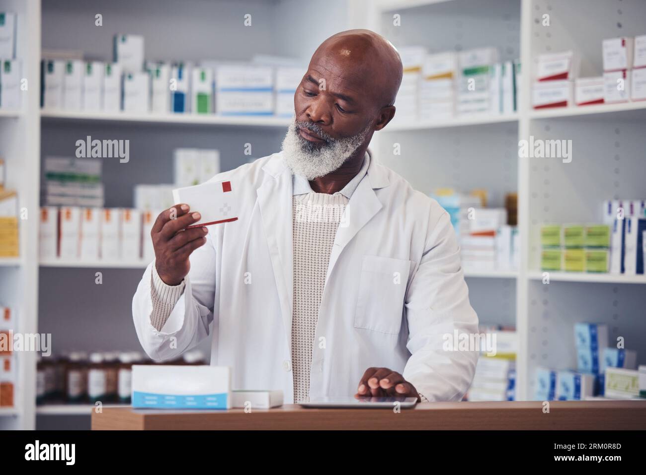 Black man, pharmacist and pill box with healthcare, prescription and ...