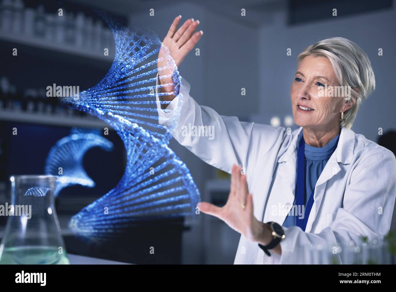 Woman, dna hologram and lab analysis, study or innovation with ...