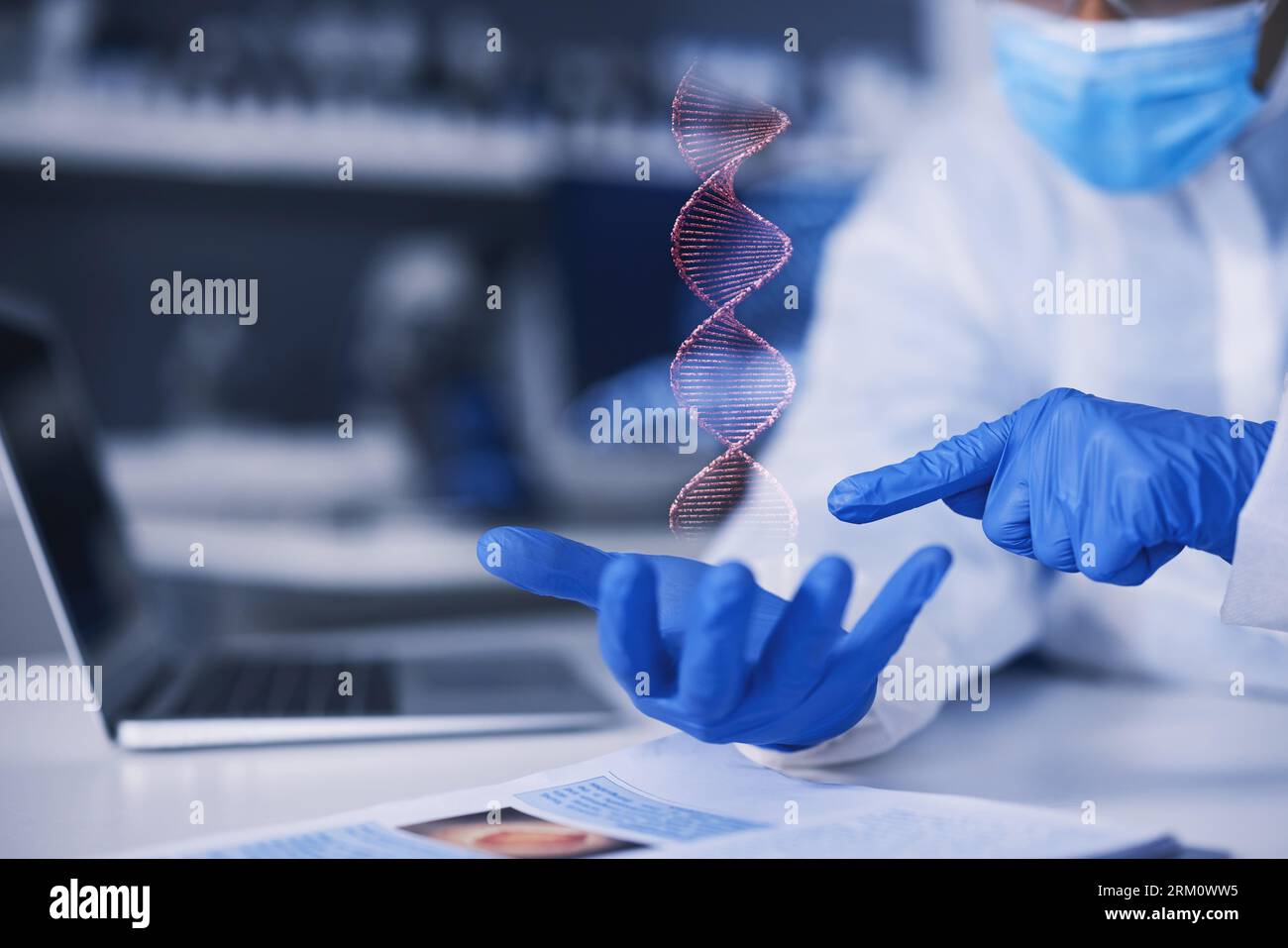 Hands, scientist and dna hologram in lab analysis, studying and gloves for safety, health and ...