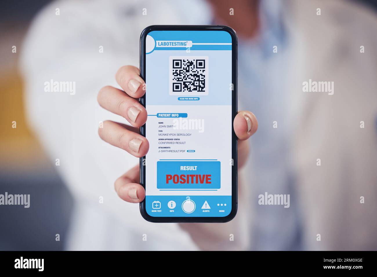 Hand, healthcare and qr code on a phone screen for positive diagnosis ...