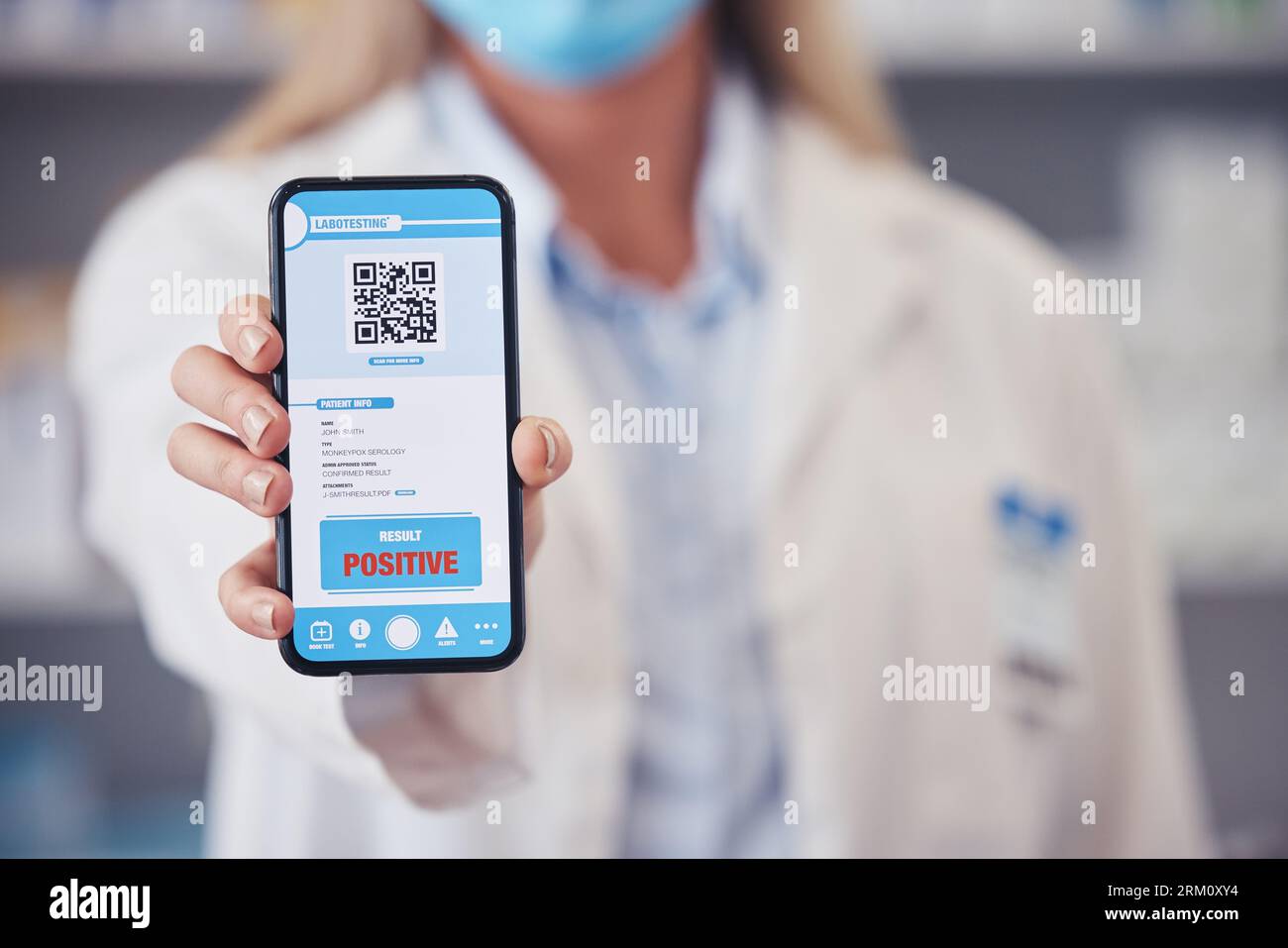 Hand, medical and qr code on a phone screen for positive diagnosis of ...