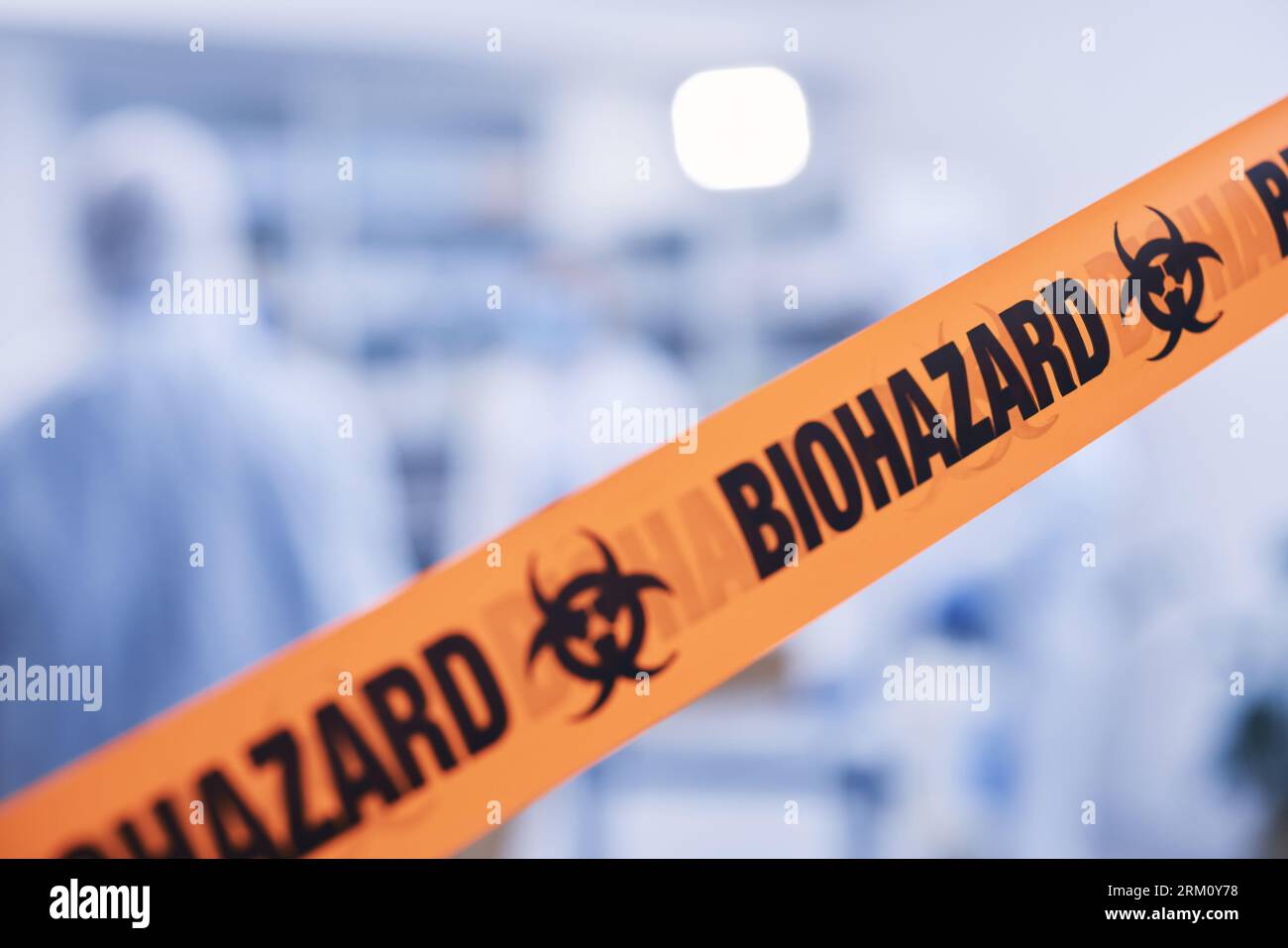 Lab safety, science and tape for a biohazard, hospital security or ...