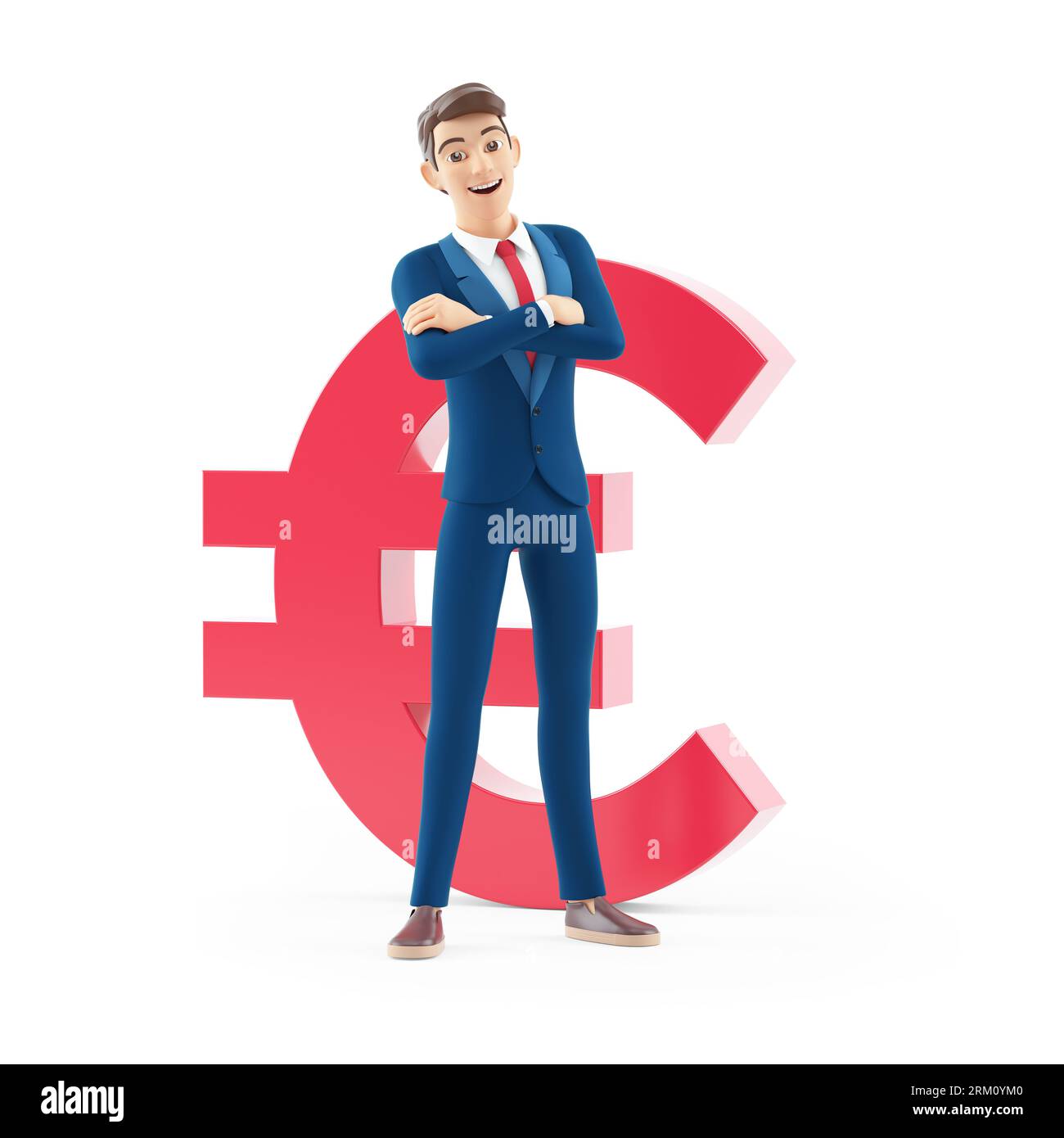 3d cartoon businessman arms crossed in front of euro sign, illustration ...