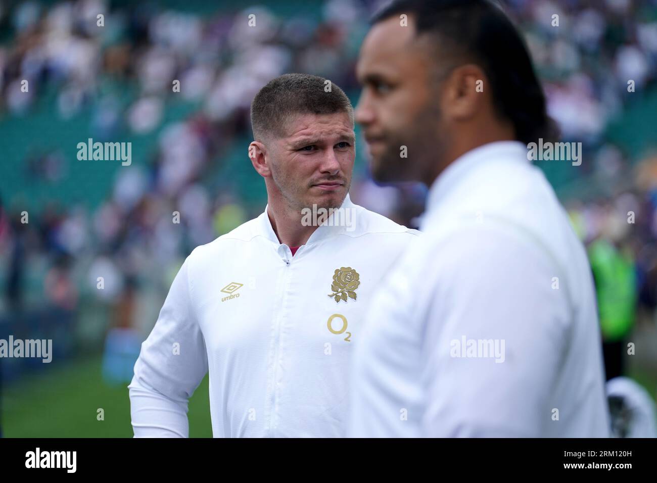 England’s Owen Farrell sit out on the bench during the Summer Nations Series match at Twickenham ...