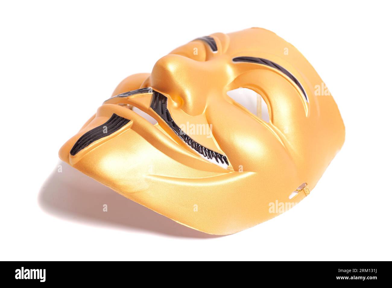 Moscow, Russia, August 23, 2023: Golden anonymous computer hacker mask ...