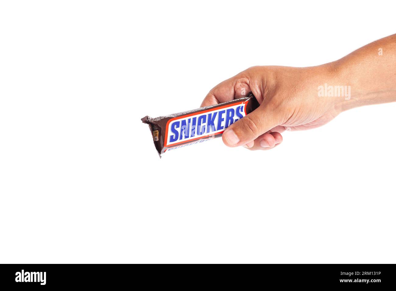 Moscow, Russia, August 23 2023 Snickers Chocolate Bar in the hand Stock ...