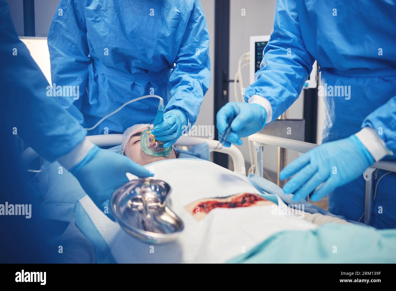 Wound, group hands or patient surgery operation, medical service or ER ...