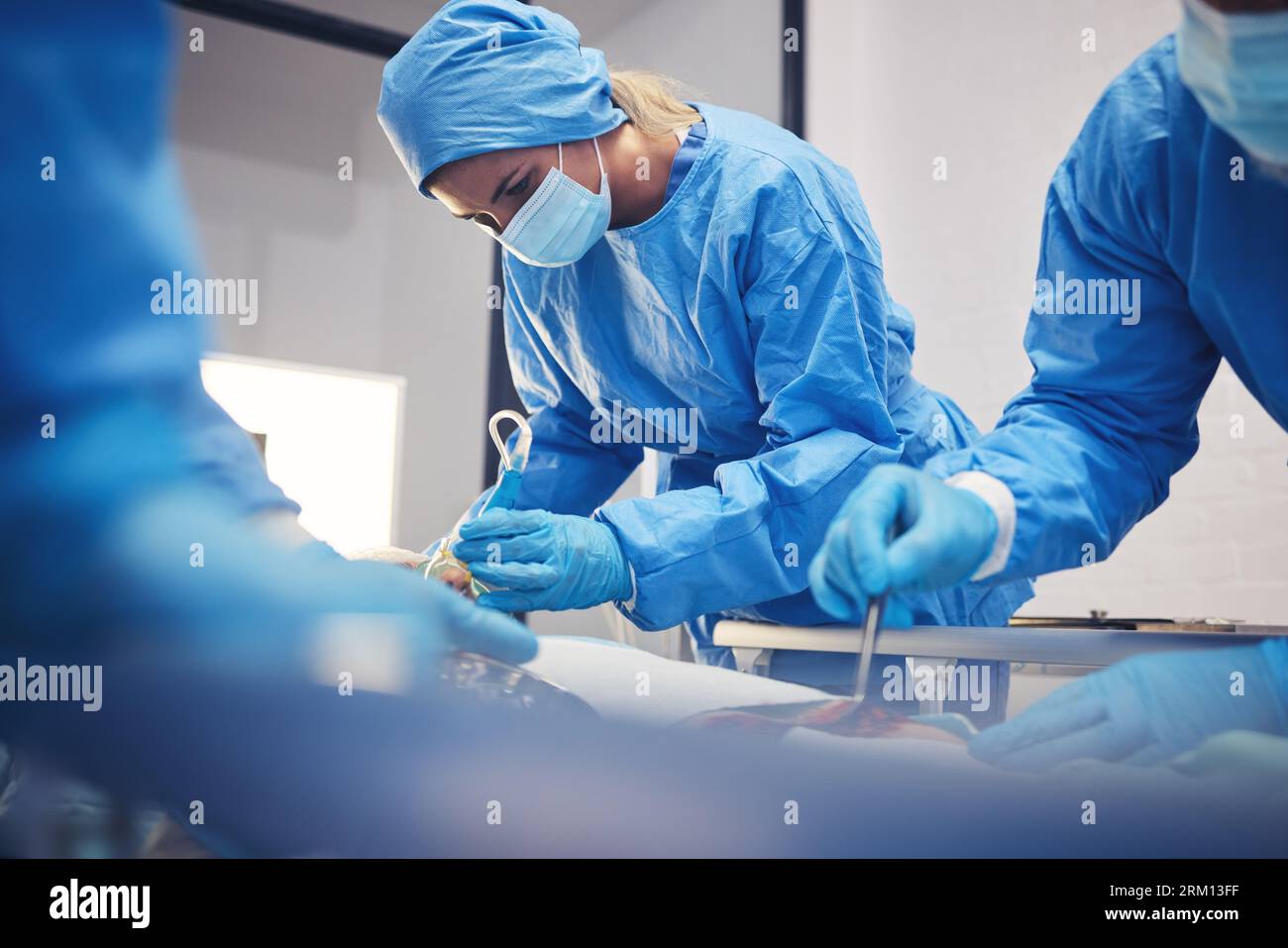 Woman, medical group or surgery operation, hospital support and doctors ...