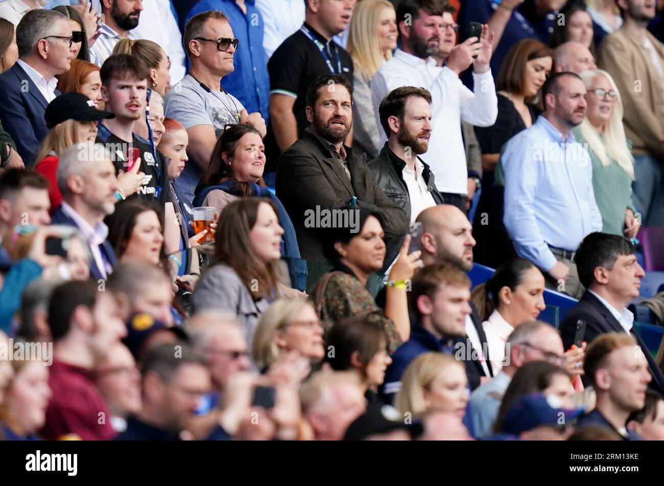 Actor Gerard Butler watches from the stands during the Summer Nations ...