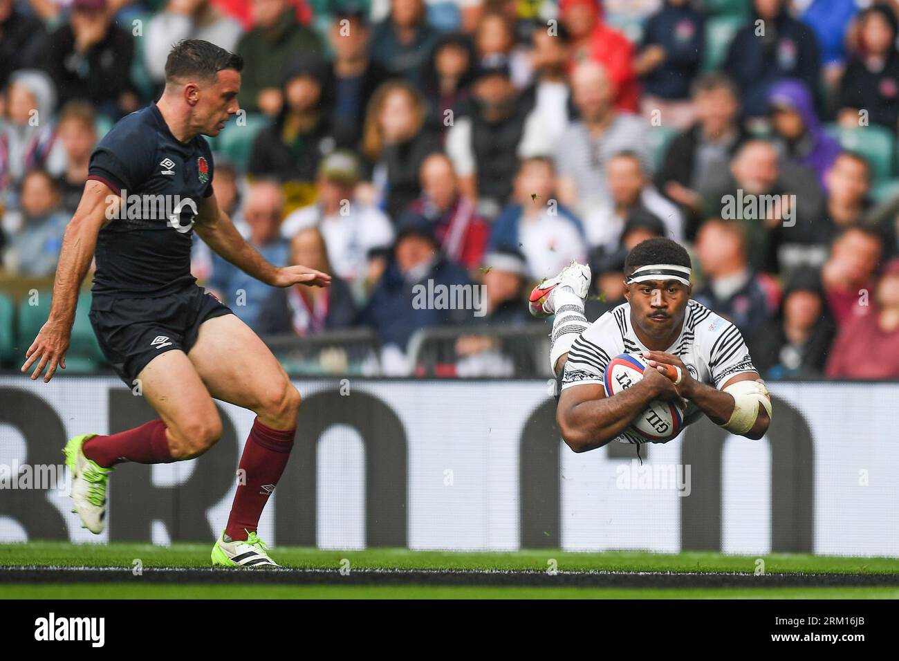 Vinaya Habosi of Fiji dgoes over for a try during the 2023 Summer ...
