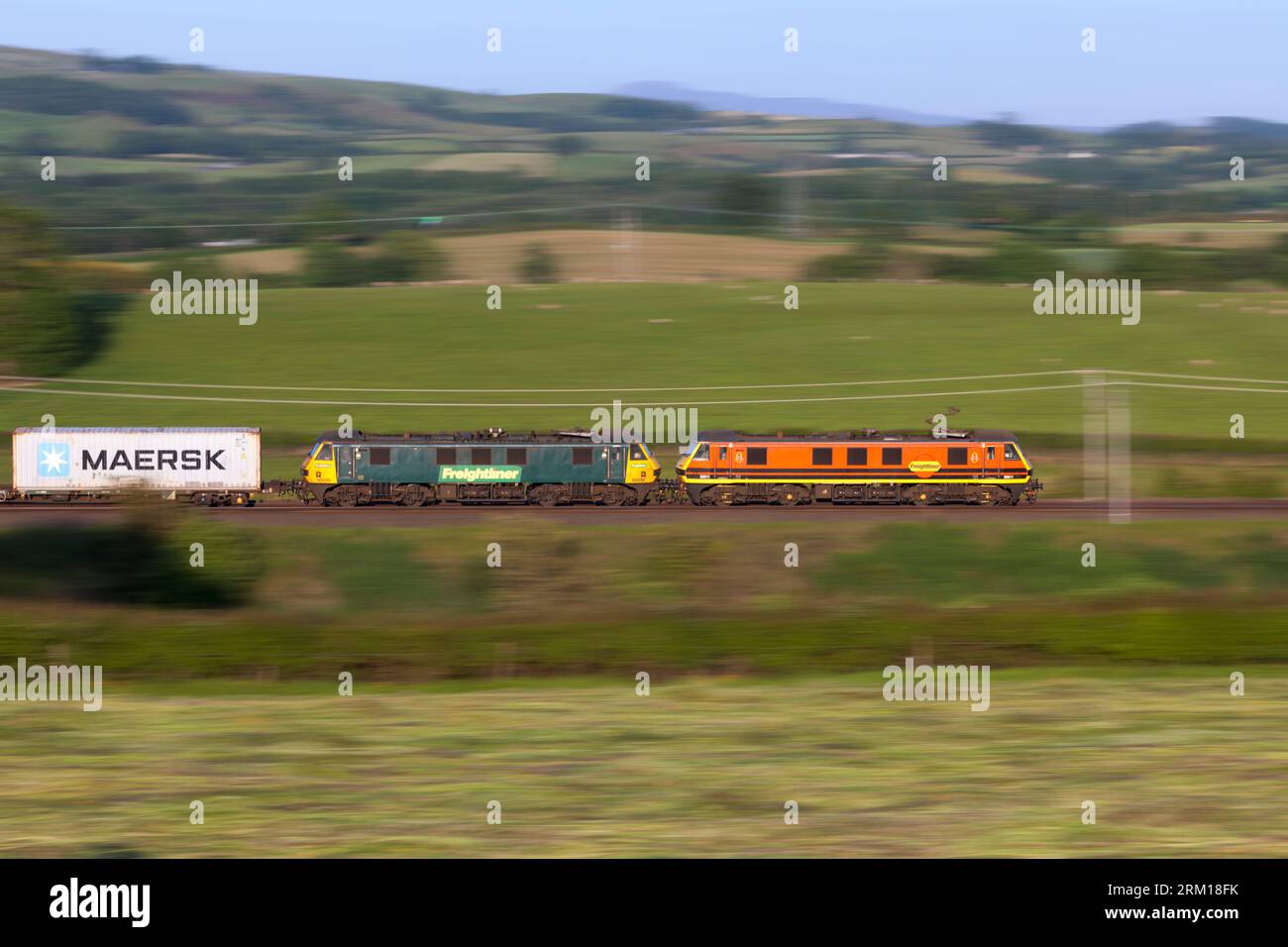 2 Freightliner class 90 electric locomotives at panned at speed on the ...