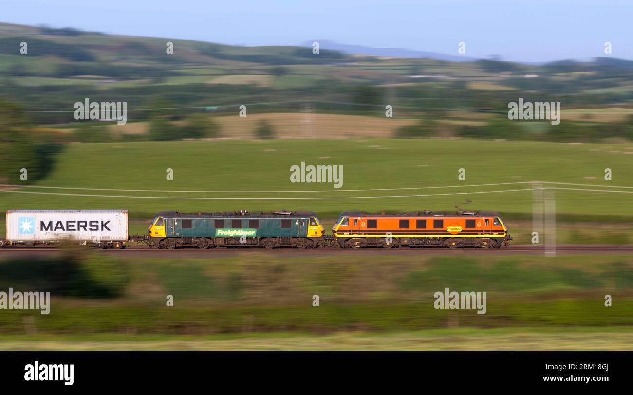 2 Freightliner class 90 electric locomotives at panned at speed on the ...