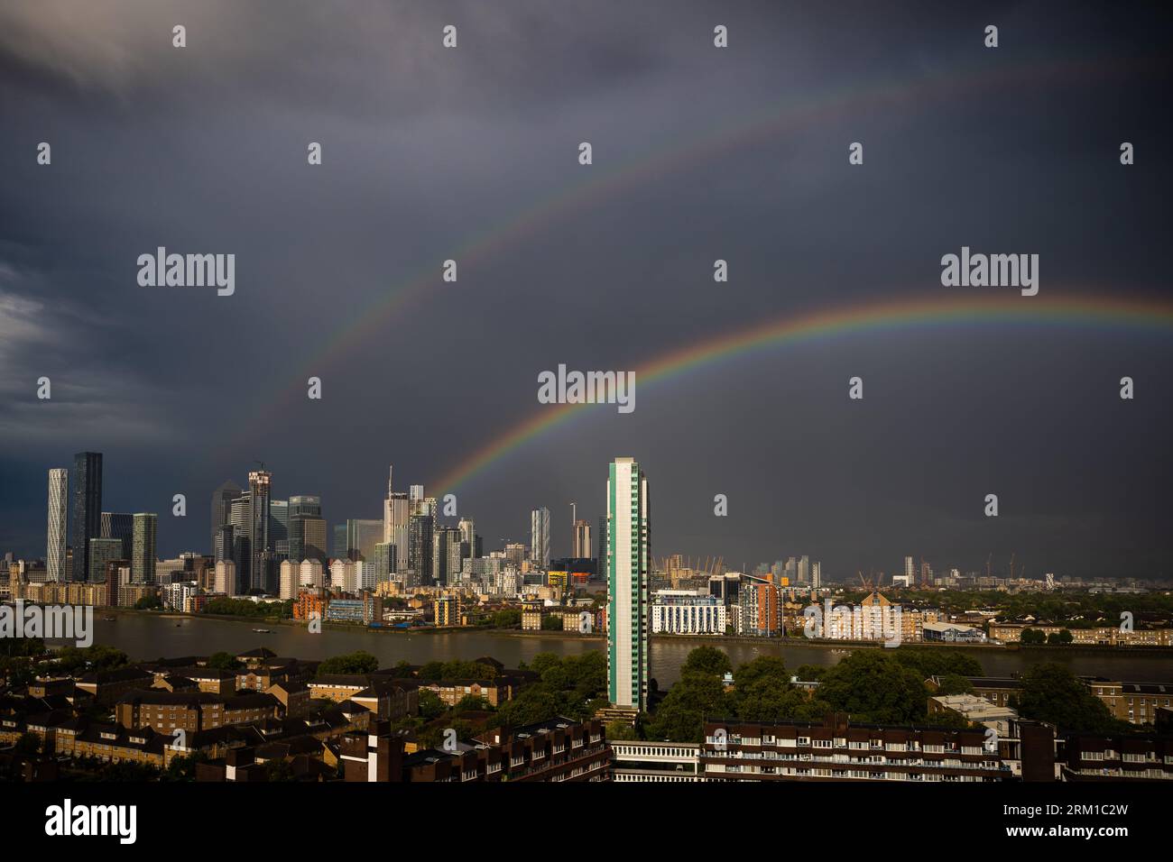 London, UK. 26th August, 2023. UK Weather: A massive double rainbow ...