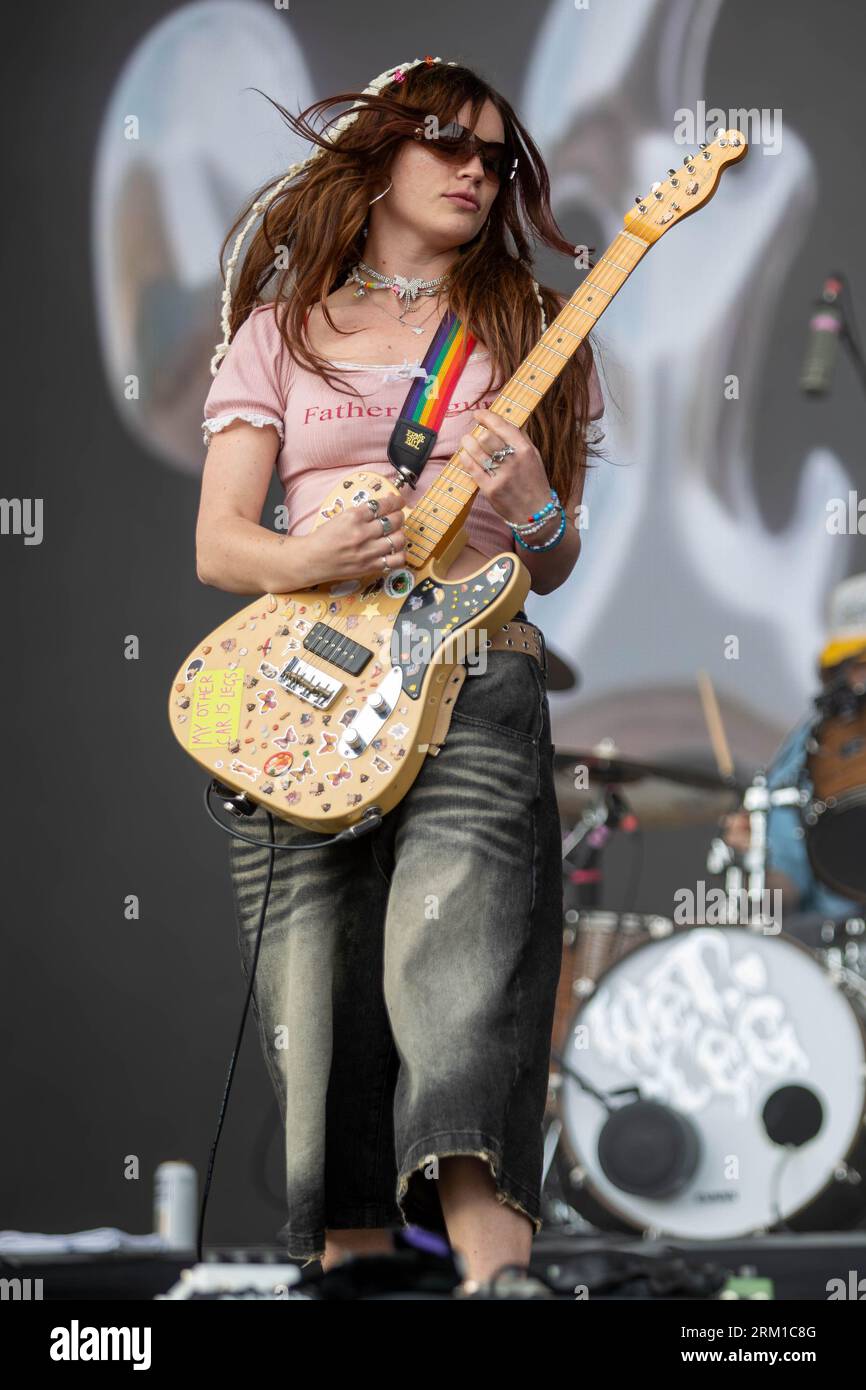 Leeds, UK. Saturday 26 August 2023.Rhian Teasdale of Wet Leg performs ...